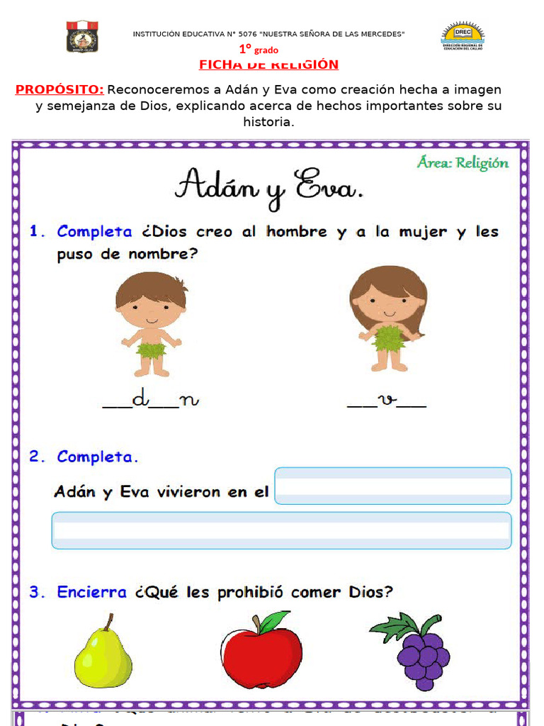 Ficha Religión Dios Creo A Adán y Eva | PDF