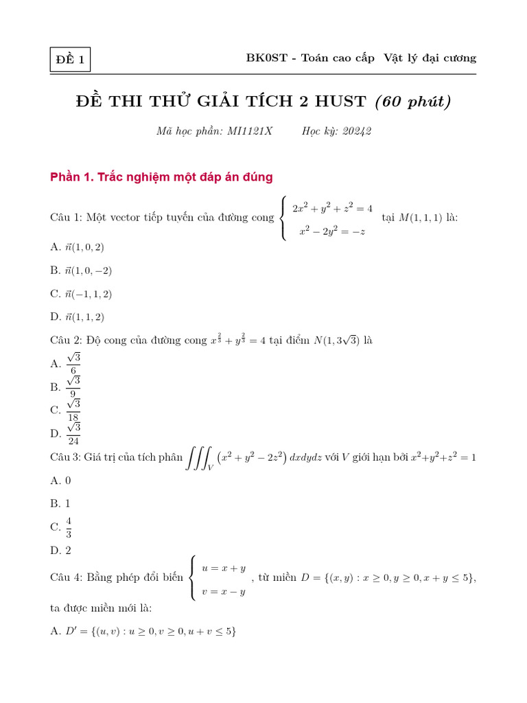 20242 - Đề thi tham khảo giữa kỳ Giải tích 2 - BK0ST - NN1 | PDF