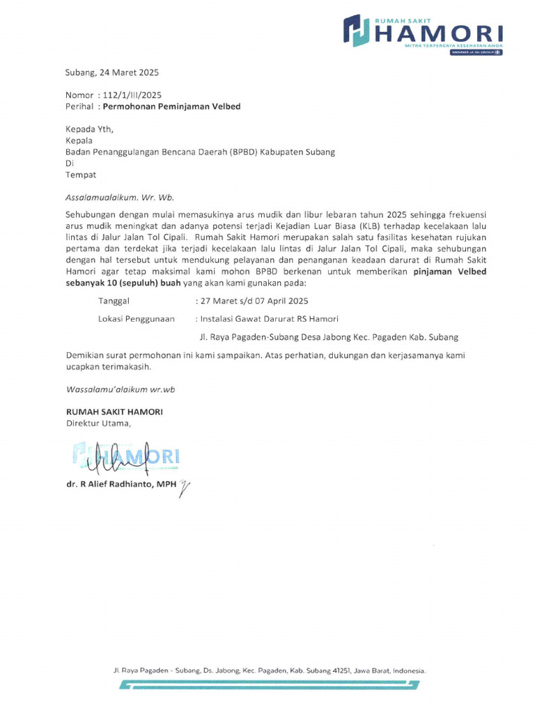 Permohonan Peminjaman Velbed_BPBD Kab Subang | PDF