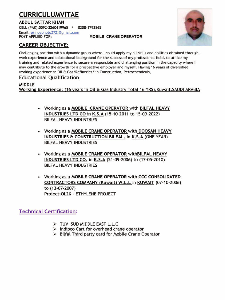Abdulsattar Mobile Crane Operator | PDF