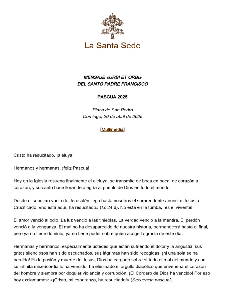 Mensaje Urbi Et Orbi Del Santo Padre Francisco | PDF | La resurrección de Jesús | Cristo (título)