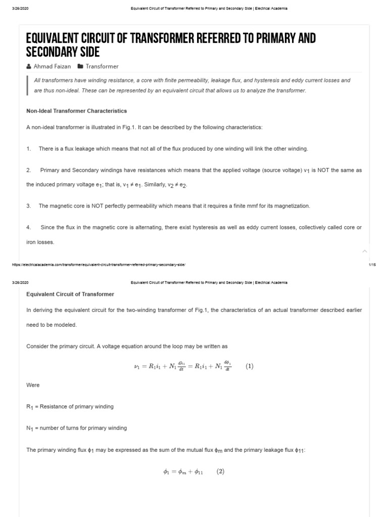 Equivalent Circuit of Transformer Referred To Primary and Secondary ...