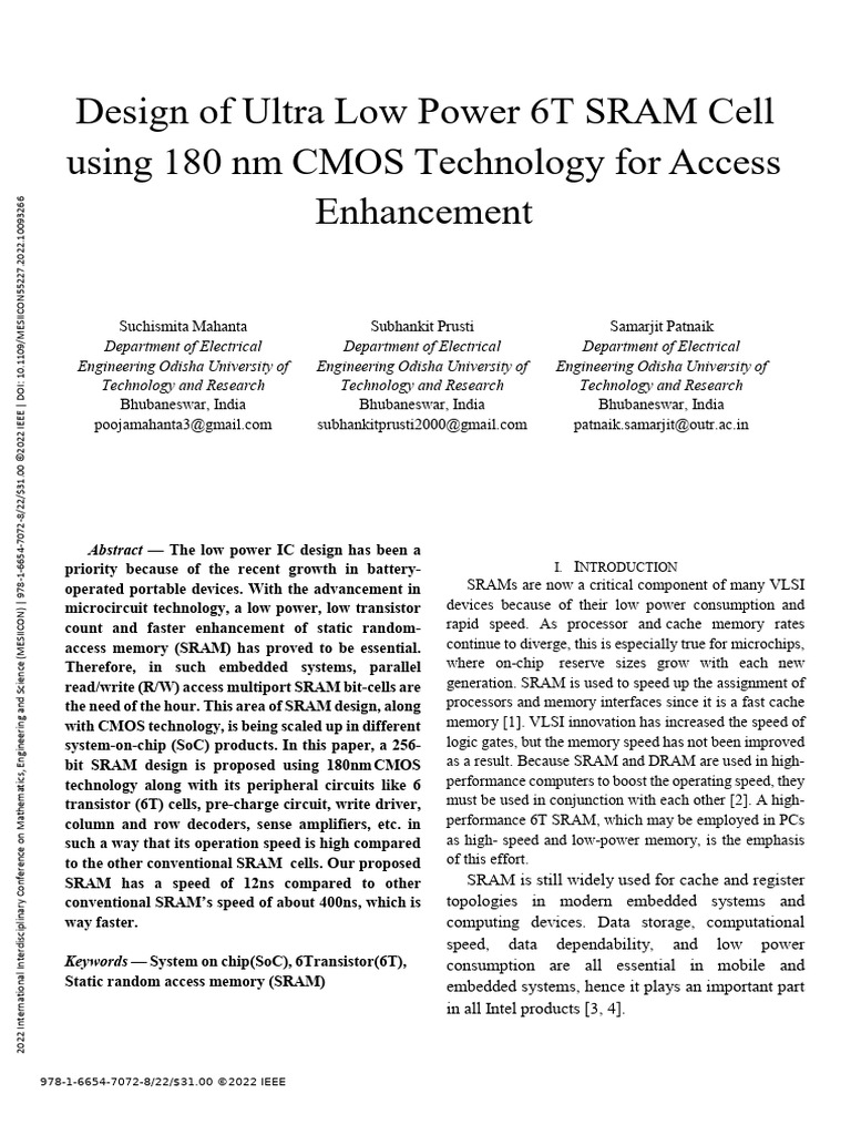 Design of Ultra Low Power 6T SRAM Cell Using 180 NM CMOS Technology For Access Enhancement | PDF ...