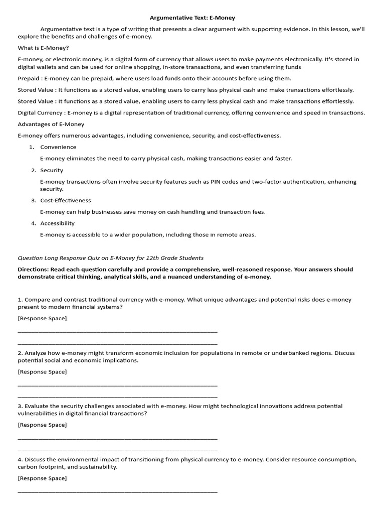 QUIZ ESSAY Kelas 12 Argumentative Text | PDF | Cash | Stored Value Card