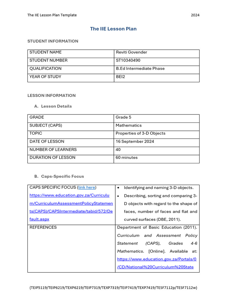 Grade 5 Lesson Plan: 3-D Objects | PDF | Lesson Plan | Learning