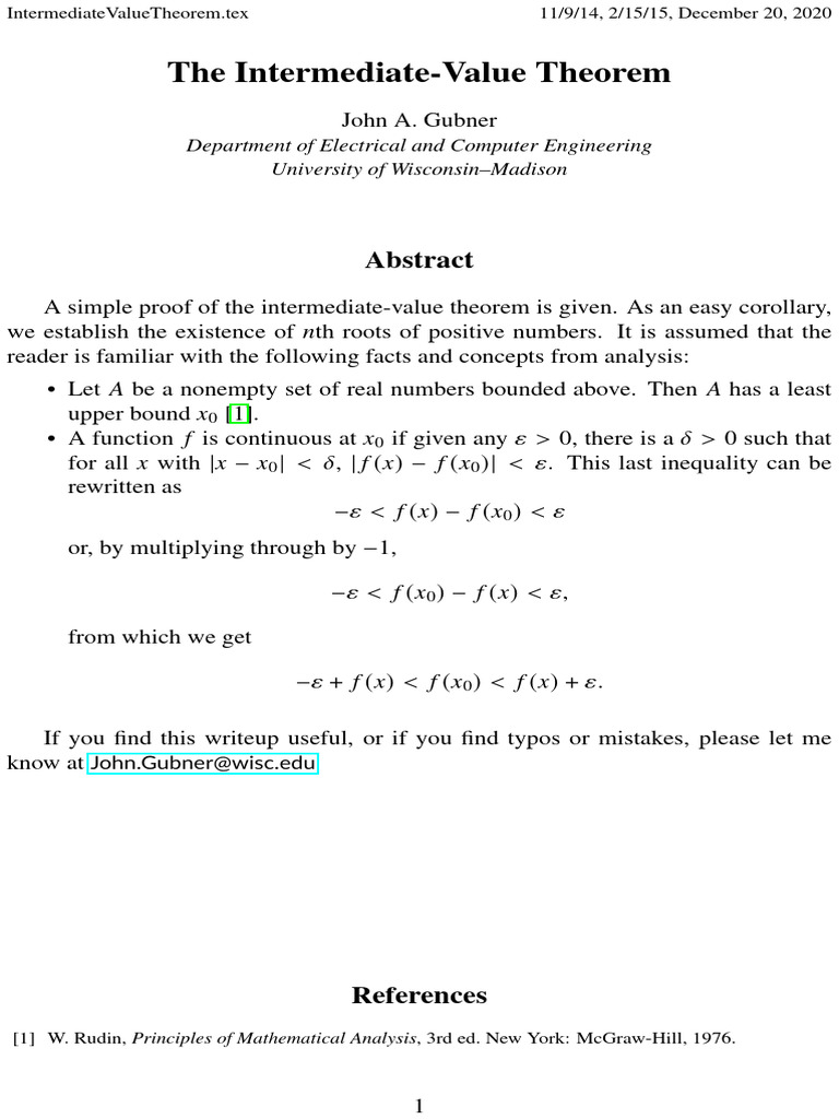 Intermediate Value Theorem | PDF | Mathematical Concepts | Mathematical Analysis