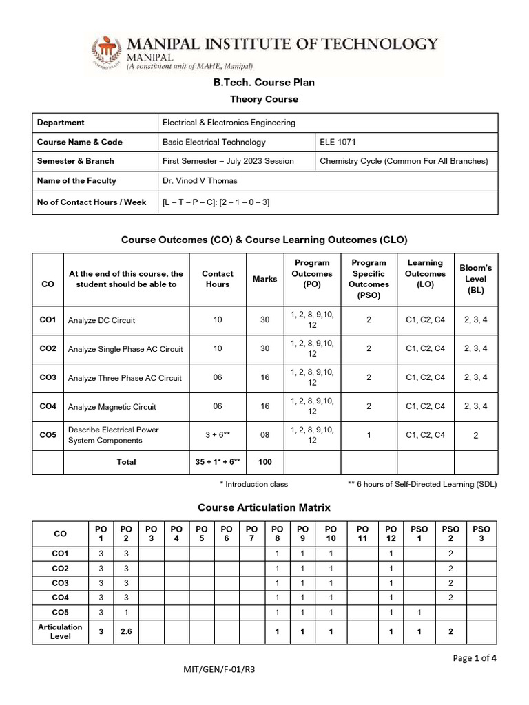 B.Tech Basic Electrical Technology Course Plan | PDF | Network Analysis (Electrical Circuits ...
