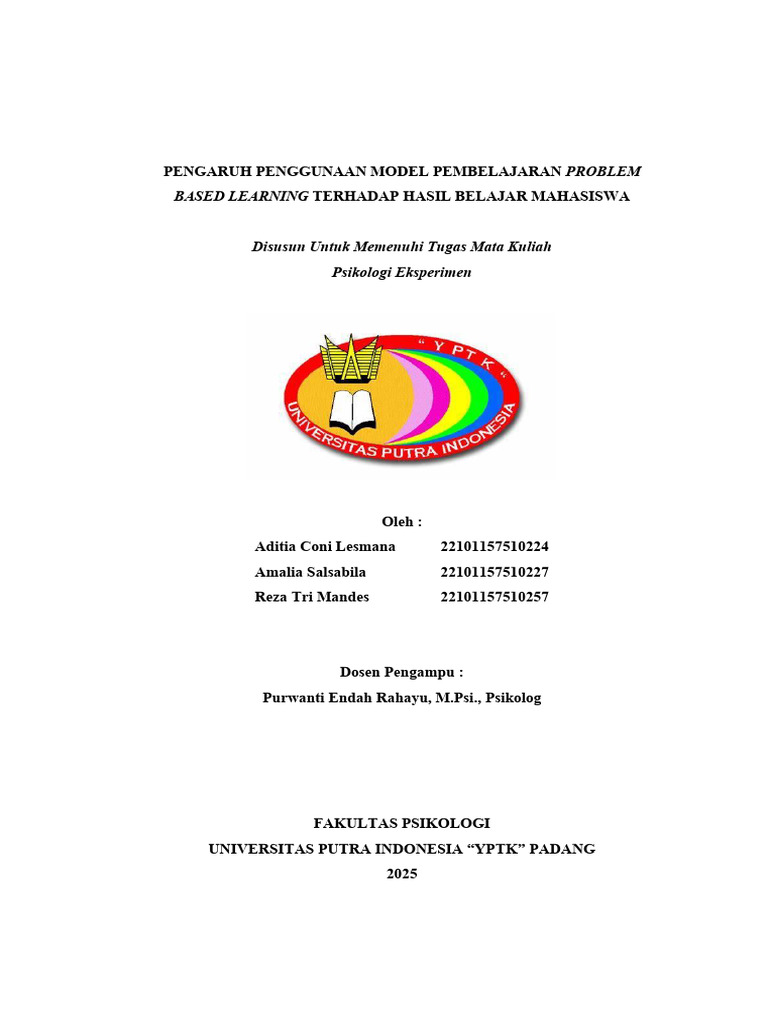 Problem Based Learning Disusun Untuk Memenuhi Tugas Mata Kuliah Psikologi Eksperimen | PDF