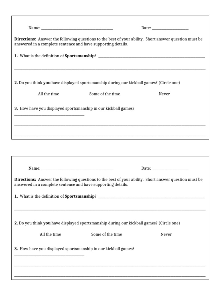 Sportsmanship Reflection Worksheet | PDF