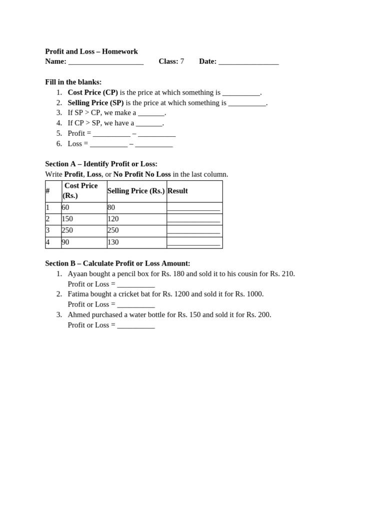 Profit and Loss - Homework | PDF