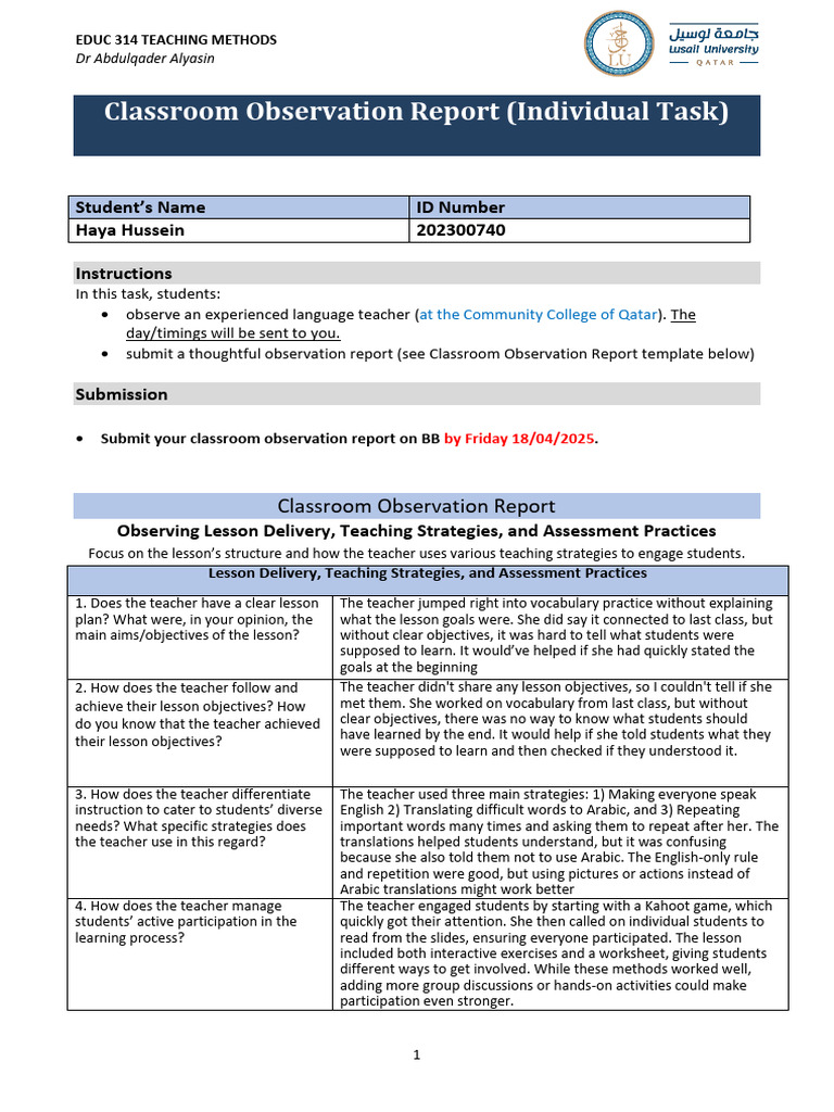 Classroom Observation (Individual Task) | PDF | Teachers | Learning