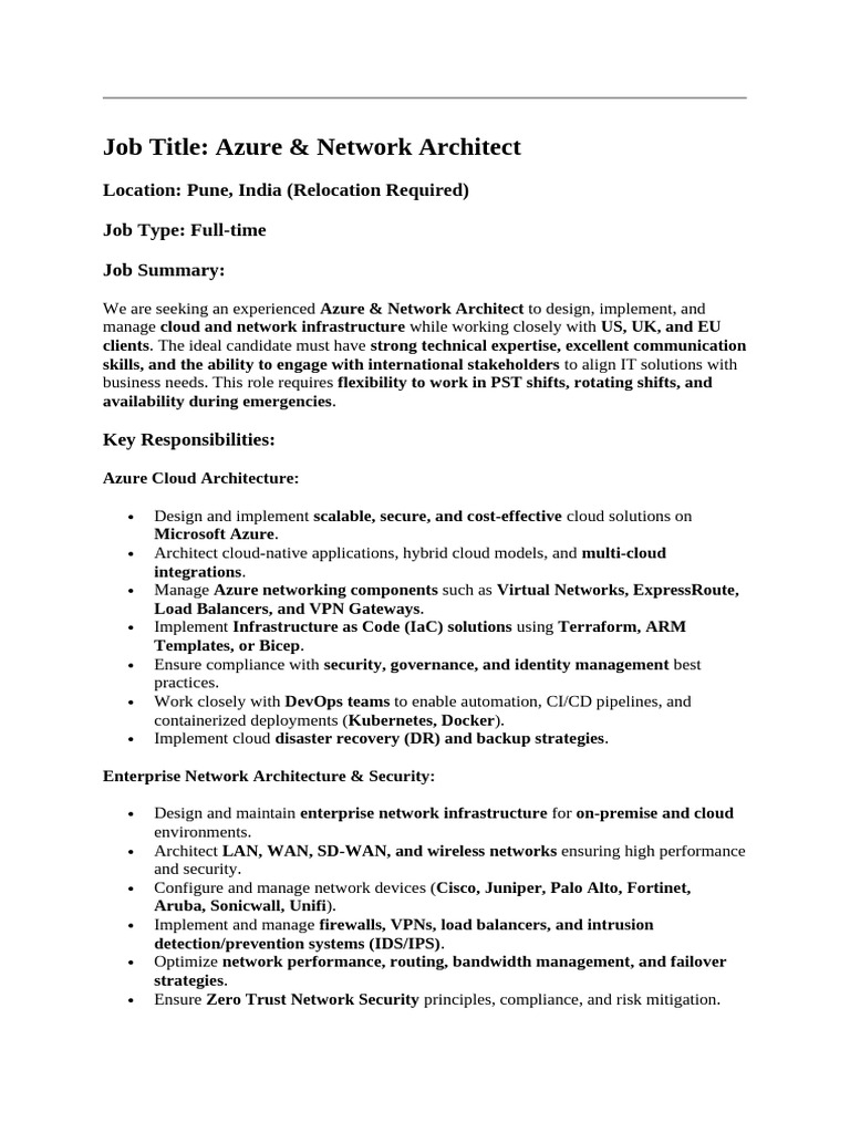Azure & Network Architect Job in Pune | PDF | Computer Network | Cloud ...