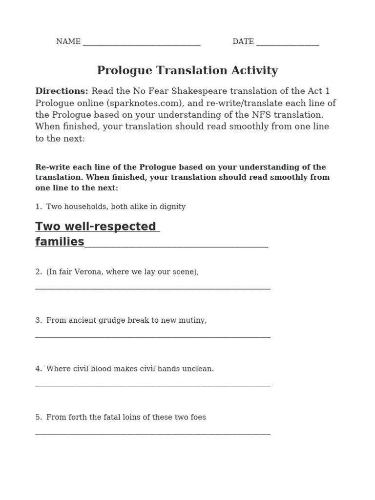 Romeo and Juliet Prologue Translation Guide | PDF