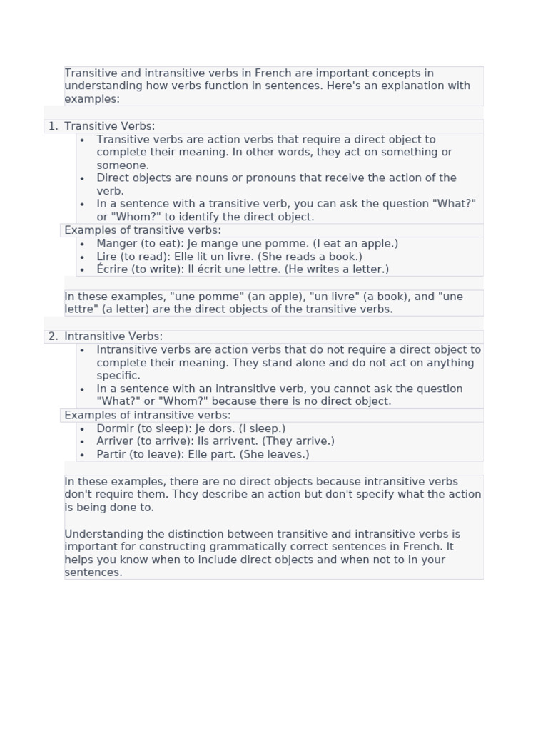 Transitive and Intransitive Verbs in French Are Important Concepts in ...