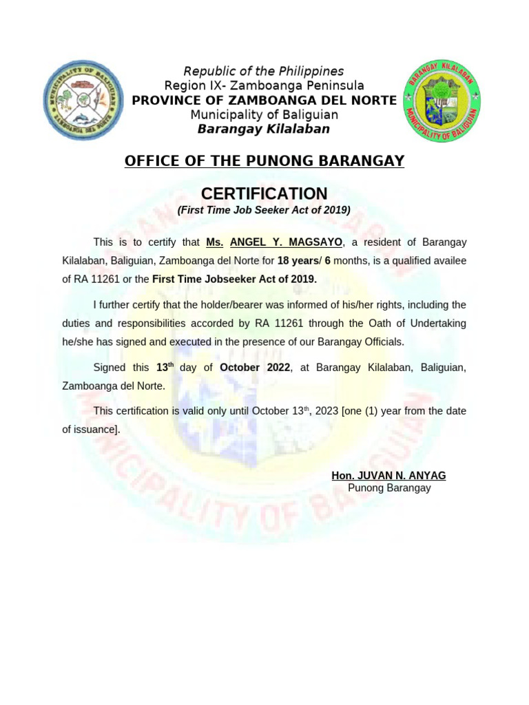 Certification for First Time Job Seekers | PDF