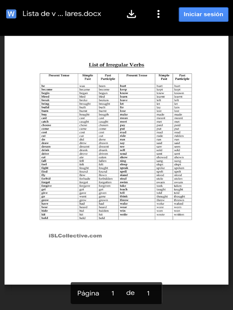 Lista de verbos Irregulares.docx - Google Drive | PDF