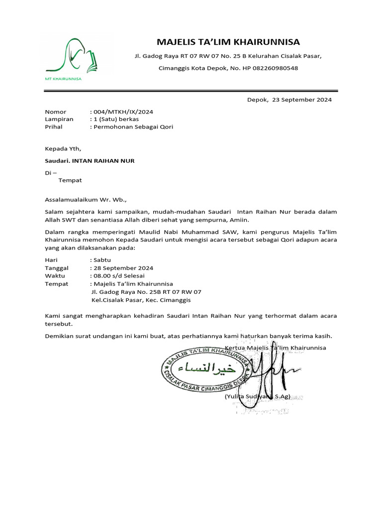 Undangan MT. Khairunnisa (Intan Raihan Nur) - 1 | PDF