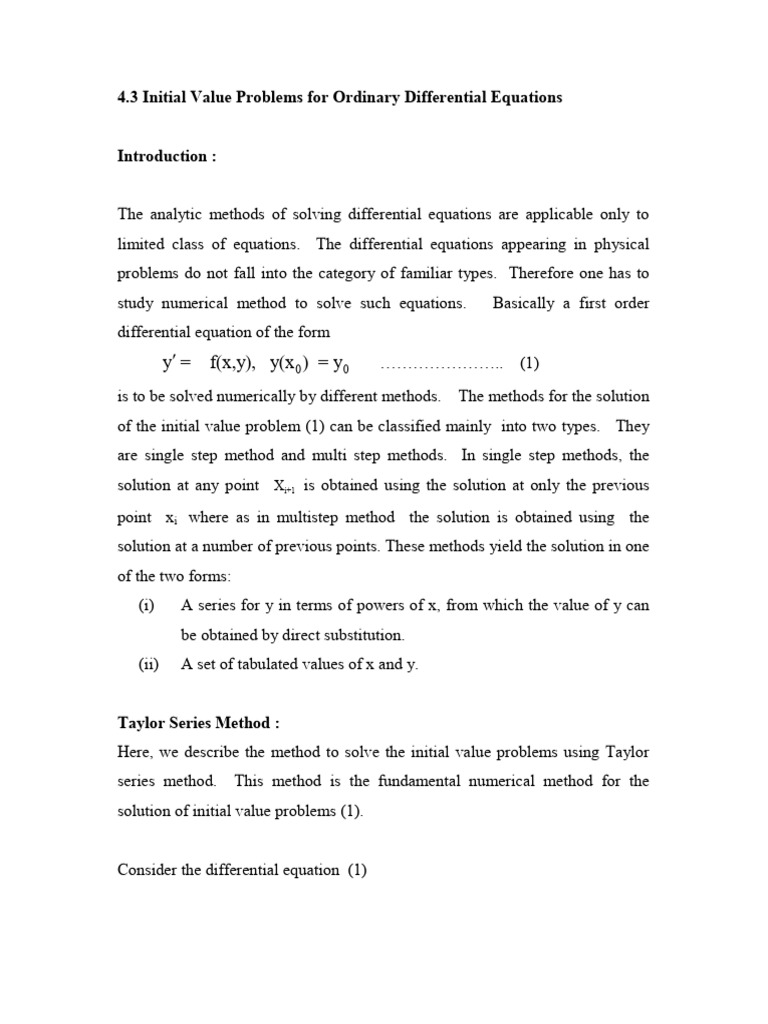 4.3 Intial Value Problems For Ordinary Differential Equations | PDF | Equations | Differential ...