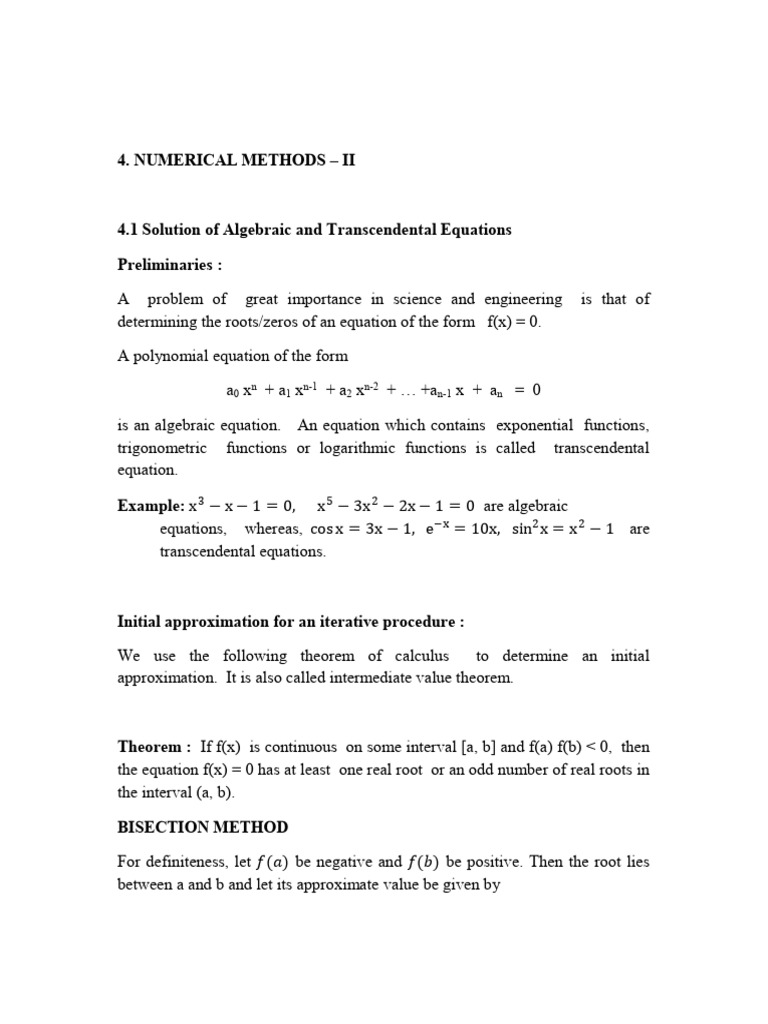 4.1 Solution of algebraic and transcendal equations | PDF | Equations | Zero Of A Function
