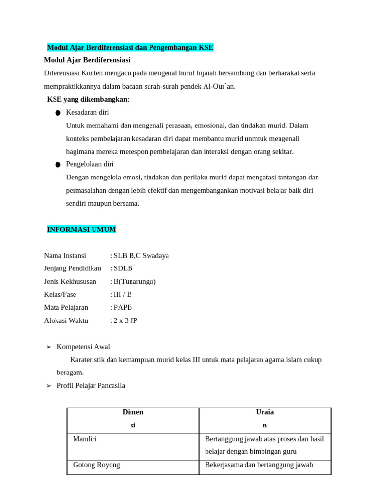 Modul Ajar Huruf Hijaiyah untuk SDLB | PDF