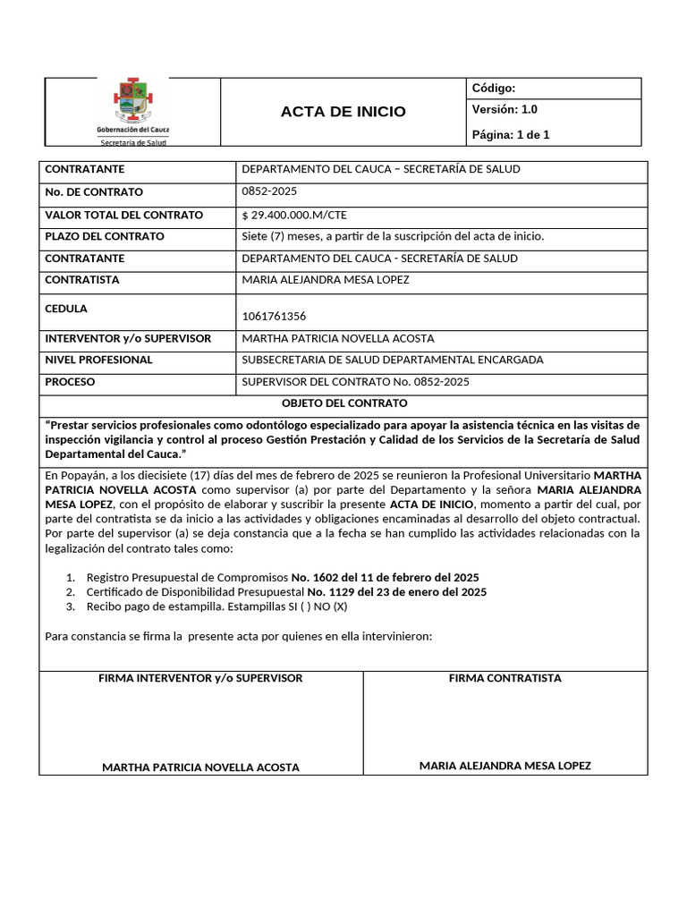 Acta de Inicio Maria Alejandra | PDF