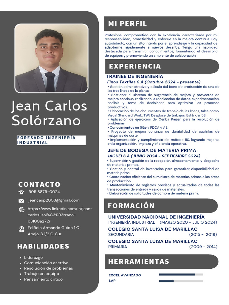 Jean Carlos Solórzano: Egresado en Ingeniería | PDF | Business