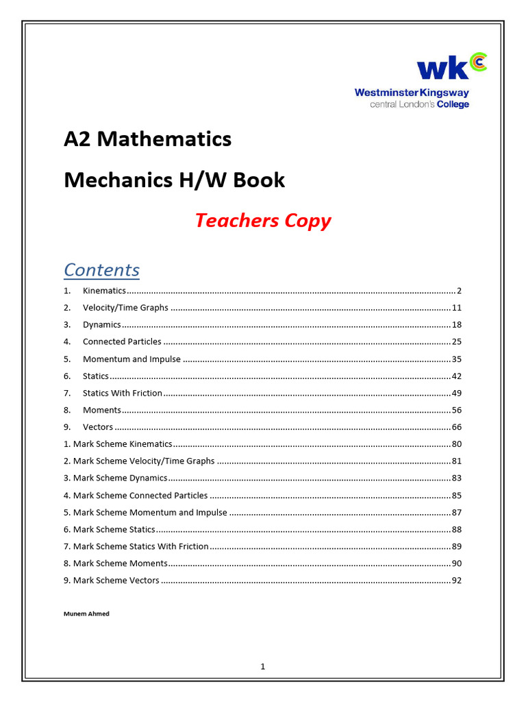 M1 HW Booklet Teachers | PDF | Kinematics | Acceleration