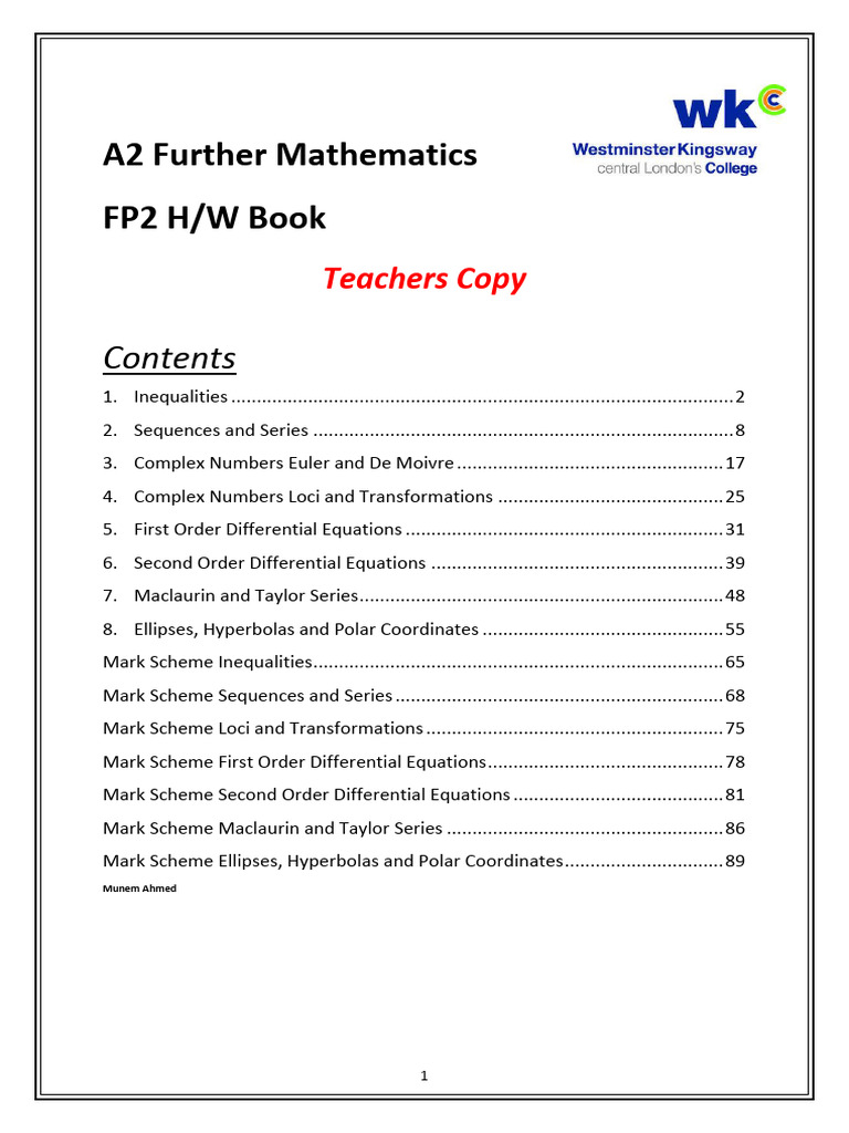 FP2 HW Booklet Teachers | PDF | Mathematical Concepts | Mathematical Analysis