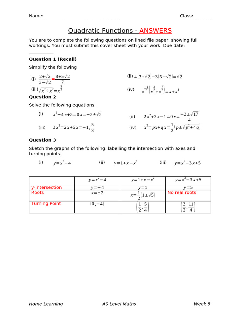 Week 5 Quadratic Functions Answers | PDF | Quadratic Equation ...