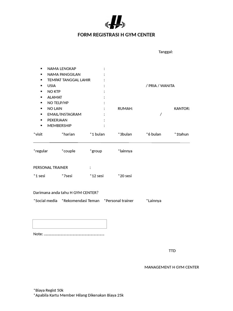 Form Registrasi H Gym Center | PDF