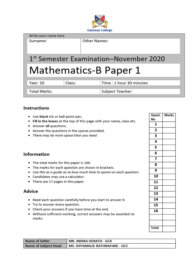 Mathematics Exam Paper - Year 10 | PDF | Area | Elementary Mathematics