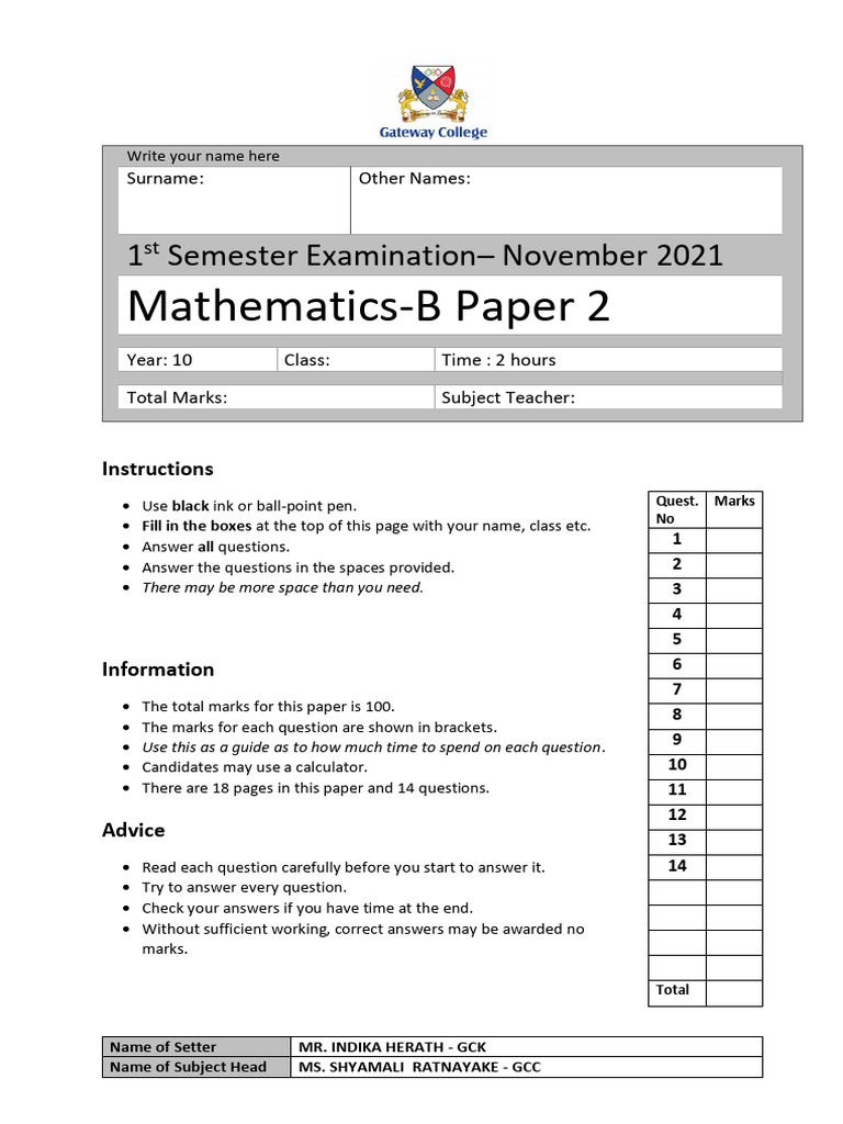 PDF Final Grade 10 Maths 2 Paper 2021 Nov | PDF | Algebra ...