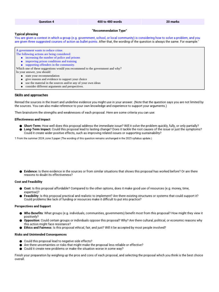 Q4 (Recommendation Type) Example Question, Writing Template & Marking Grid (2025 Update) | PDF ...