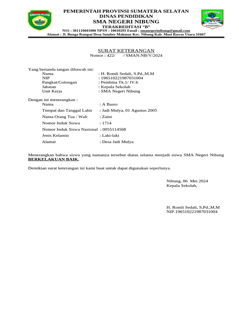 Surat Keterangan Siswa SMA Nibung | PDF