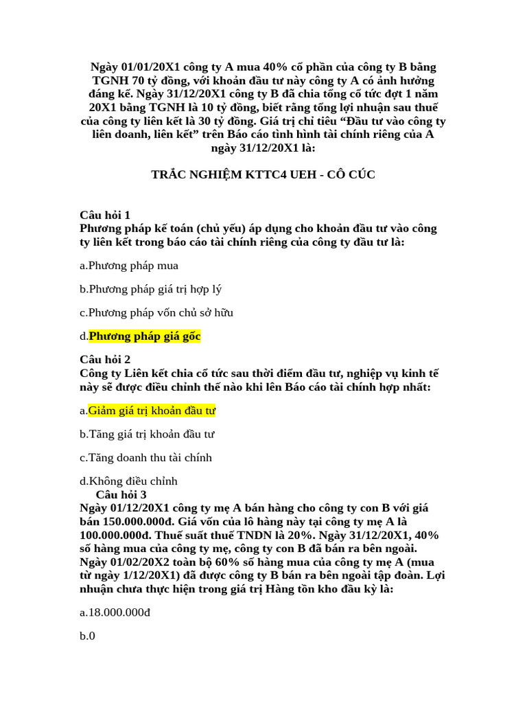 TRẮC NGHIỆM KTTC4 UEH | PDF