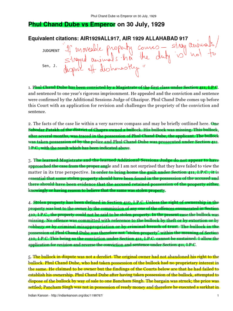 Phul Chand Dube Vs Emperor On 30 July 1929 | PDF | Theft | Common Law