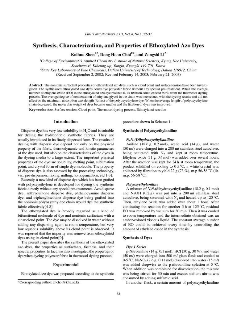 Synthesis-characterization ans properties of ethoxylated Azo Dyes | PDF | Dye | Dyeing
