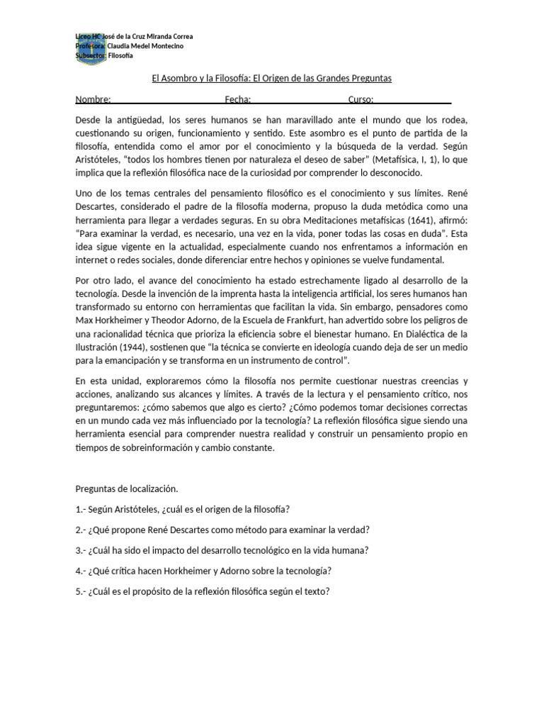 El Asombro como Origen de la Filosofía | PDF | Verdad | René Descartes