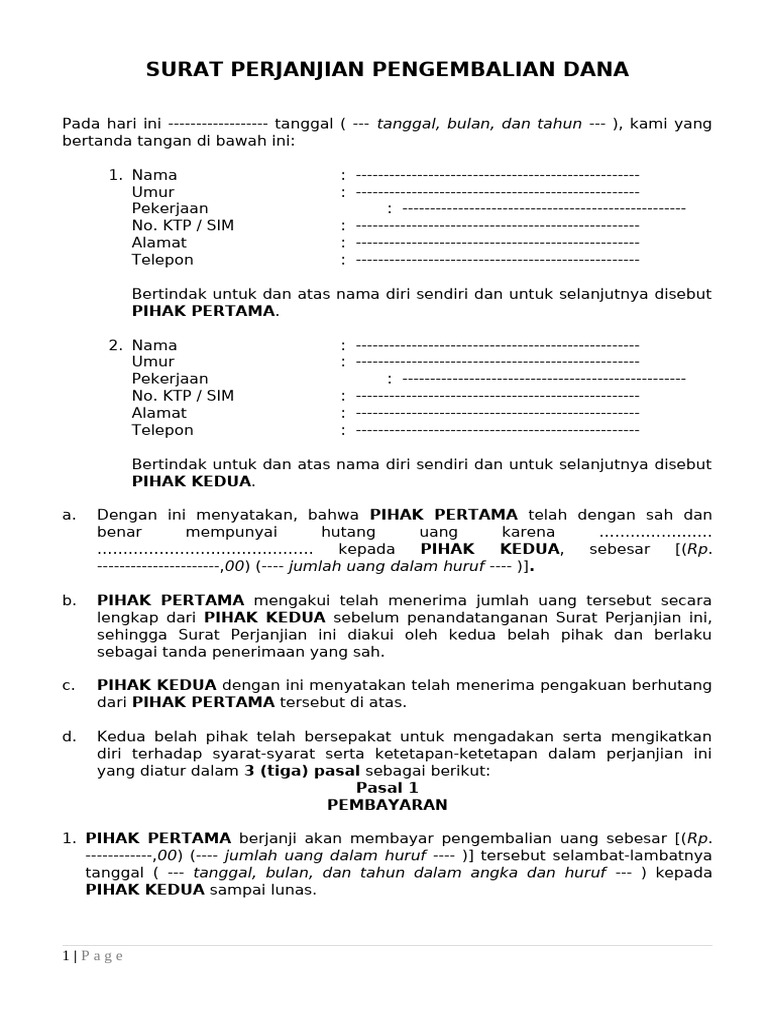 Surat Perjanjian Pengembalian Dana | PDF
