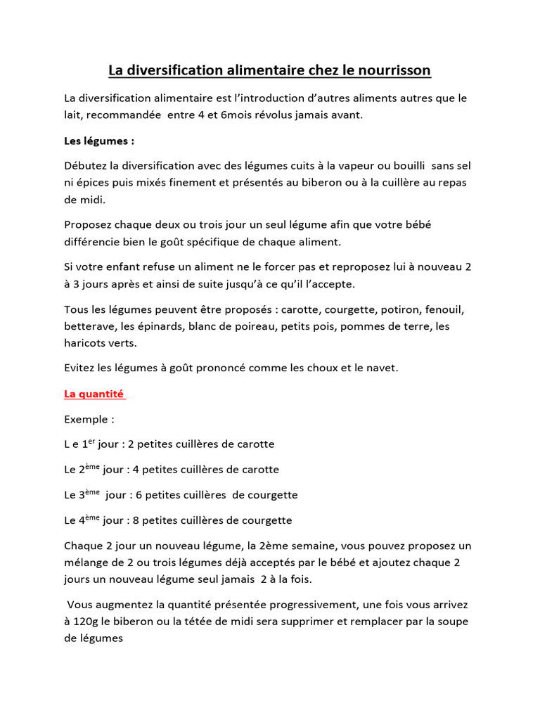 Diversification alimentaire nourrisson 4-6 mois | PDF | Légumes | Fruit