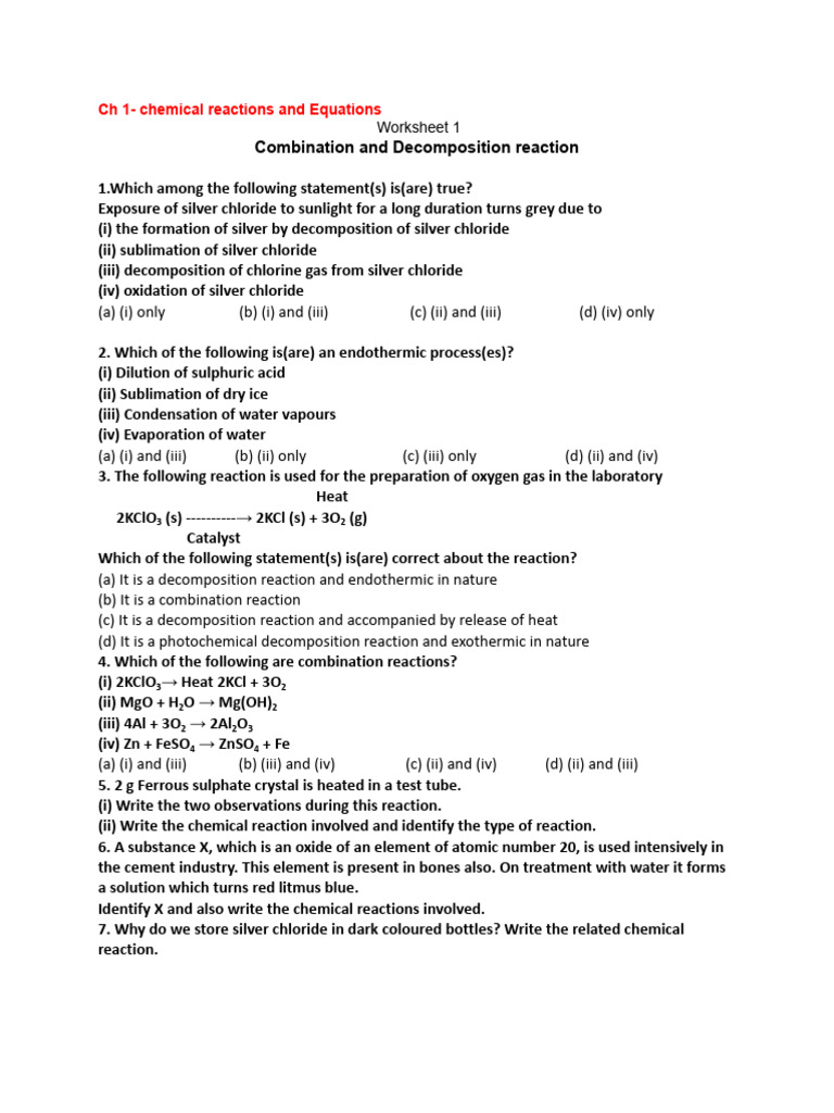 Worksheet - CH 1 Chemical Reaction and Equation | PDF | Chemical Reactions | Redox