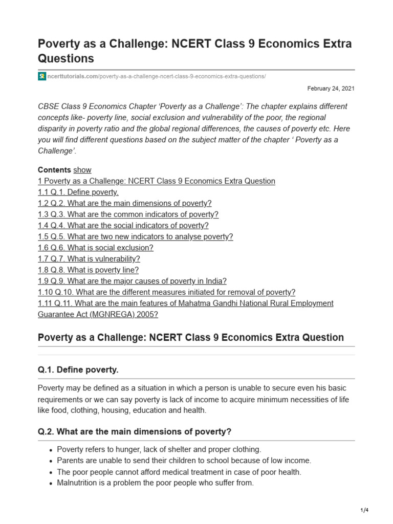 Class 9 Economics: Poverty Questions | PDF | Poverty | Poverty ...