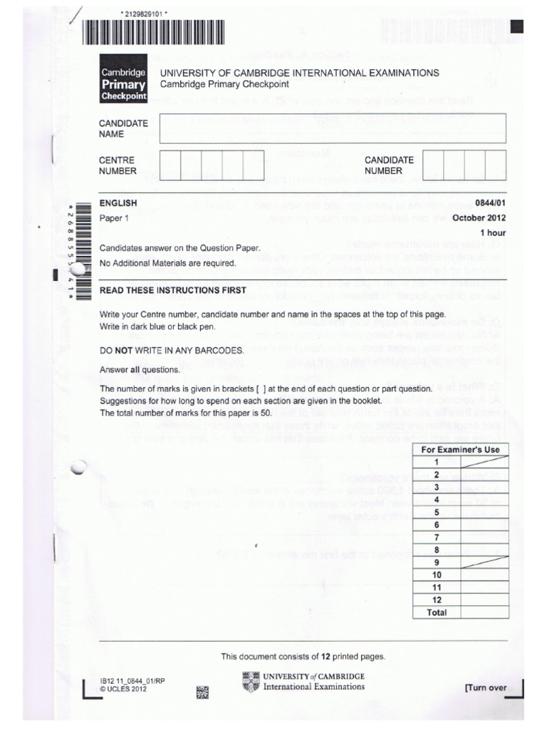 Primary Checkpoint English 0844 October 2012 Paper 1 | PDF