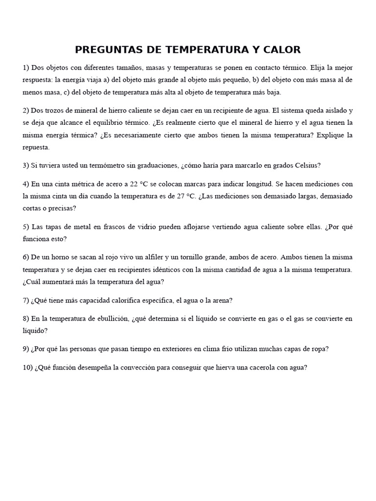 PREGUNTAS Y PROBLEMAS DE TEMPERATURA Y CALOR | PDF | Temperatura | Calor