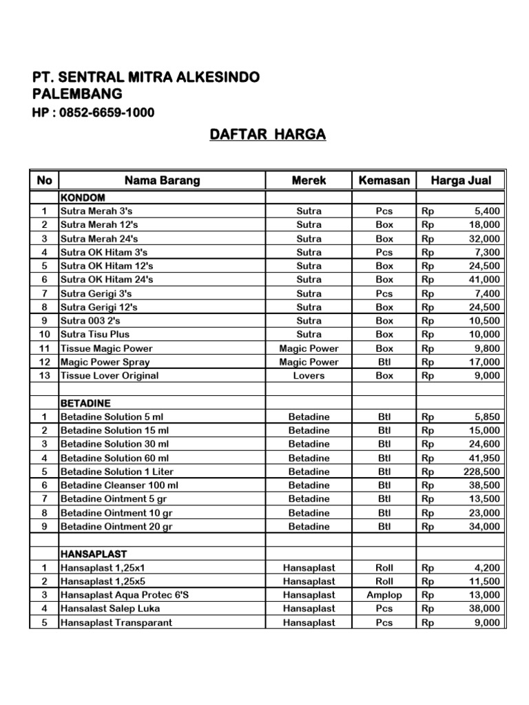 Daftar Harga Alat Kesehatan Palembang | PDF