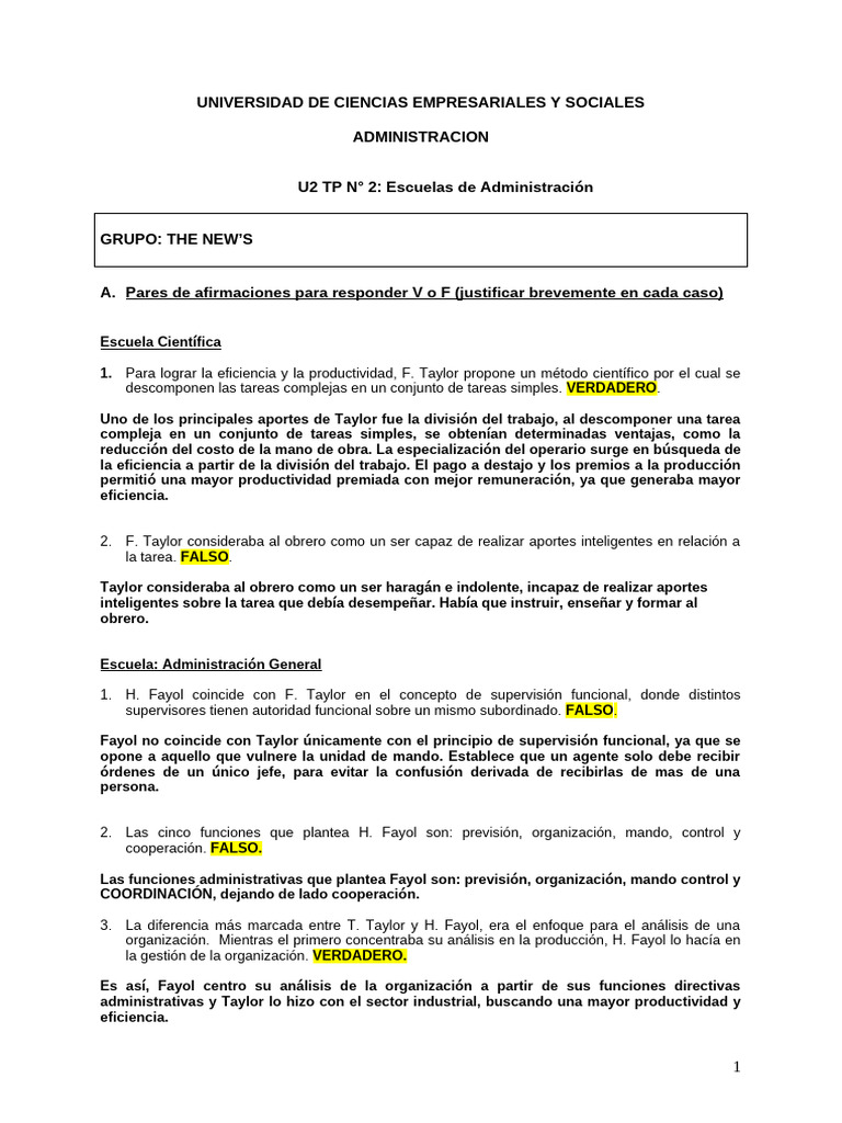 U2 TP N° 2 ESCUELAS ADMINISTRACION - VERDADERO O FALSO | PDF