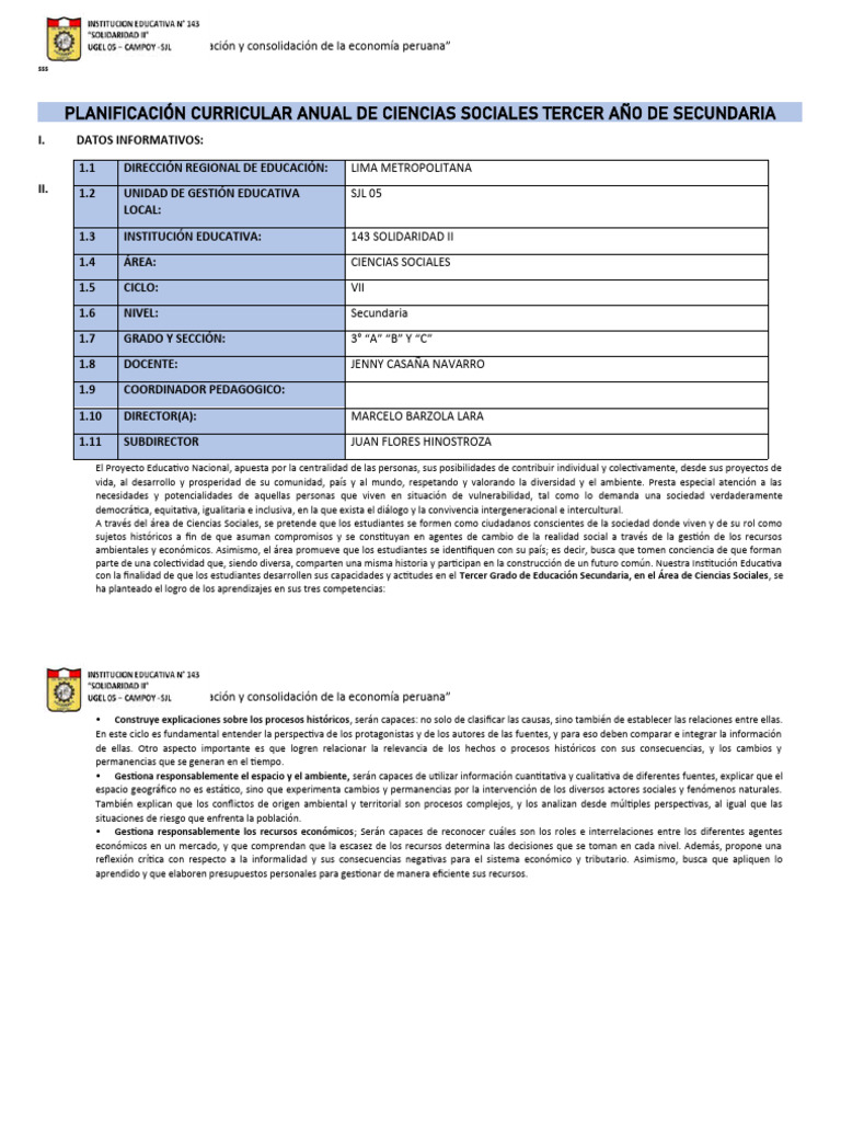 PROGRAMACION ANUAL CCSS TERCER AÑO DE SECUNDARIA | PDF | Enseñando | Aprendizaje