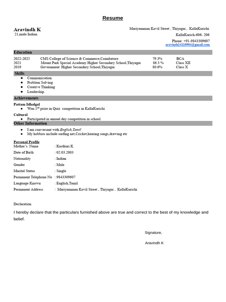 Fresher Resume Format.docx | PDF
