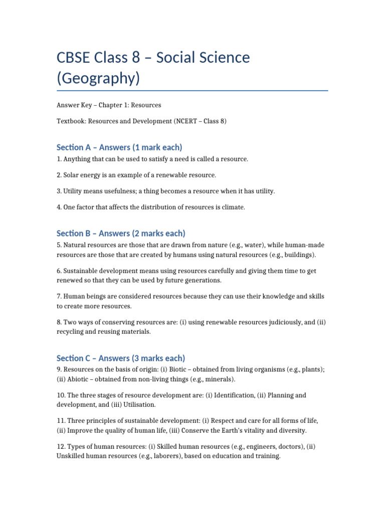 CBSE Class 8 Geography Resources Answer Key | PDF | Resource ...