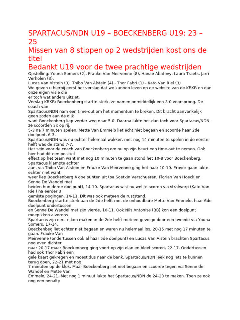 Verslag Zaalfinale SPARTACUS AKC U19 | PDF